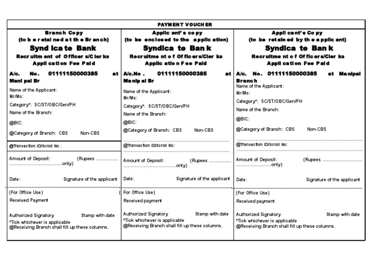 Syndicate Bank Application Fee Voucher | PDF