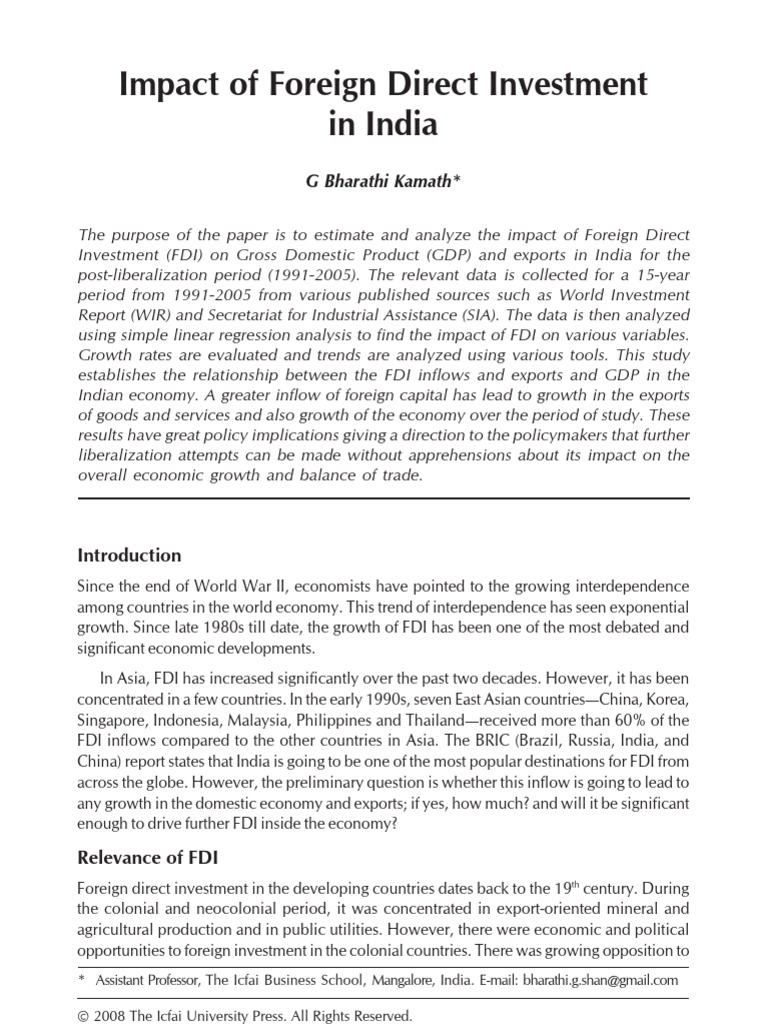 Impact of FDI in India | PDF | Foreign Direct Investment | Economy Of India