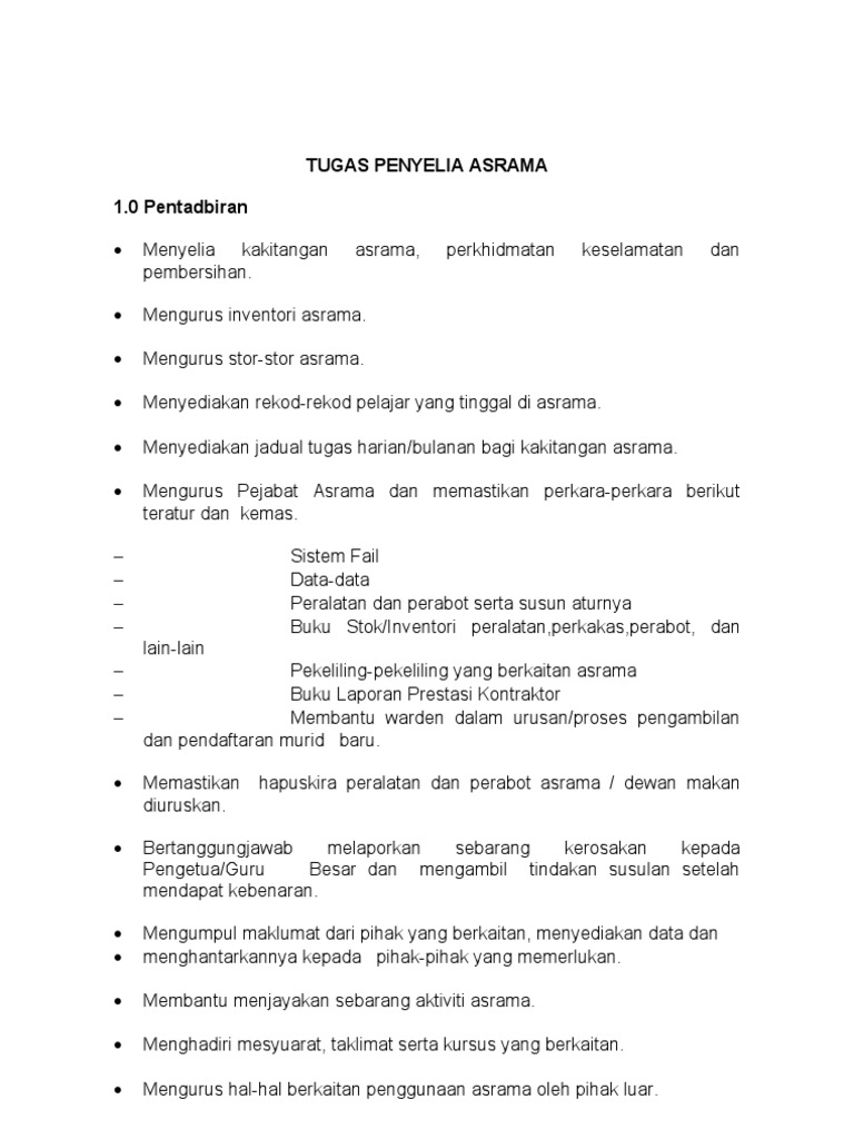 Tugas Penyelia Asrama | PDF