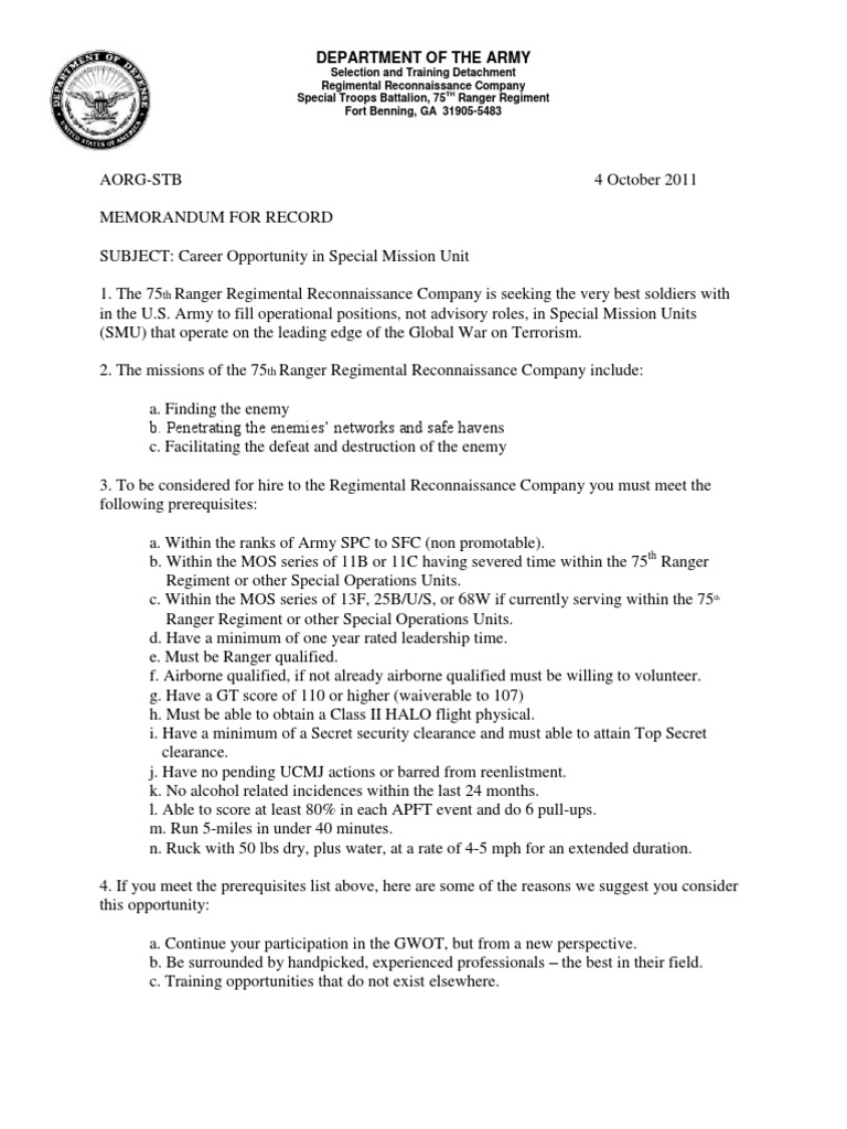 75th Ranger Regimental Reconnaissance Company Recruiting Memorandum ...