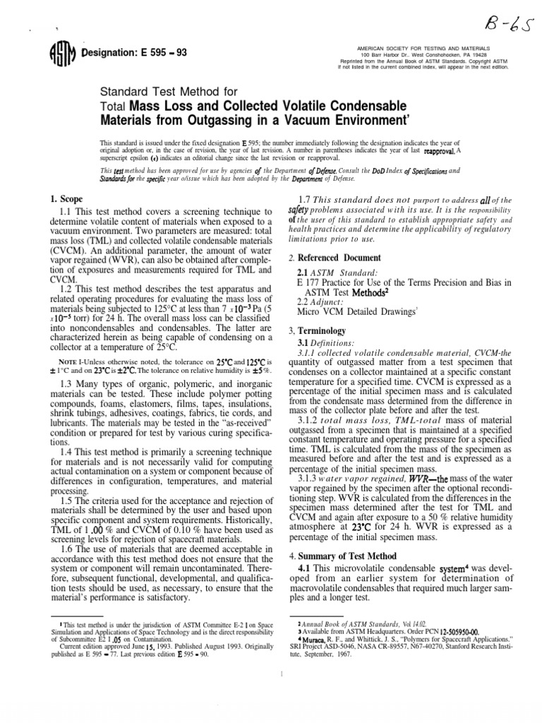 ASTM E-595 Outgassing Test | PDF | Vacuum | Solvent