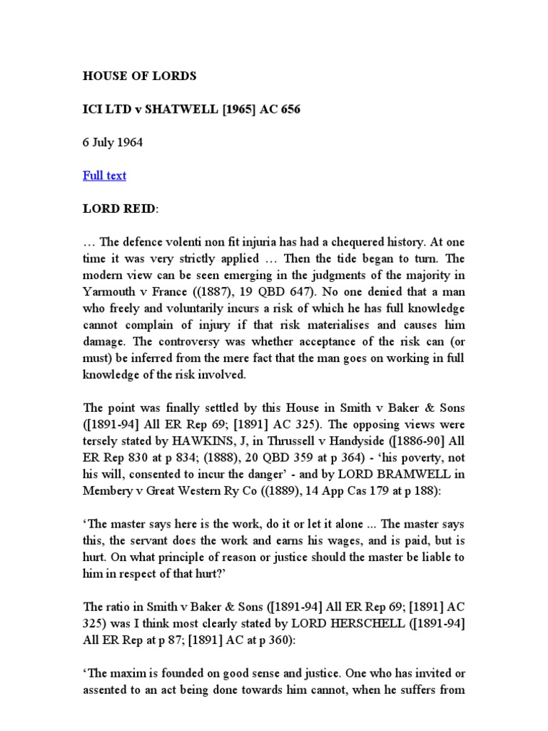 Ici LTD V Shatwell (1965) Ac 656 - HL | PDF | Negligence | Damages