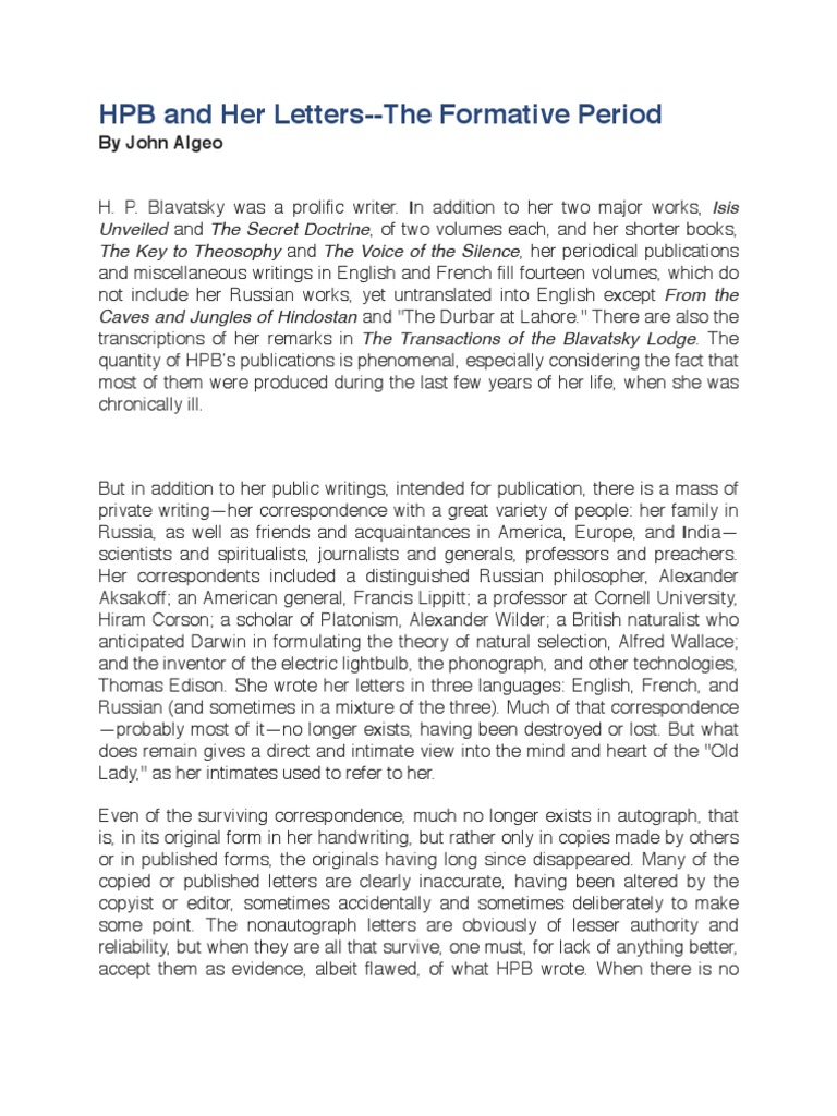 HPB and Her Letters - The Formative Period | PDF | Helena Blavatsky ...