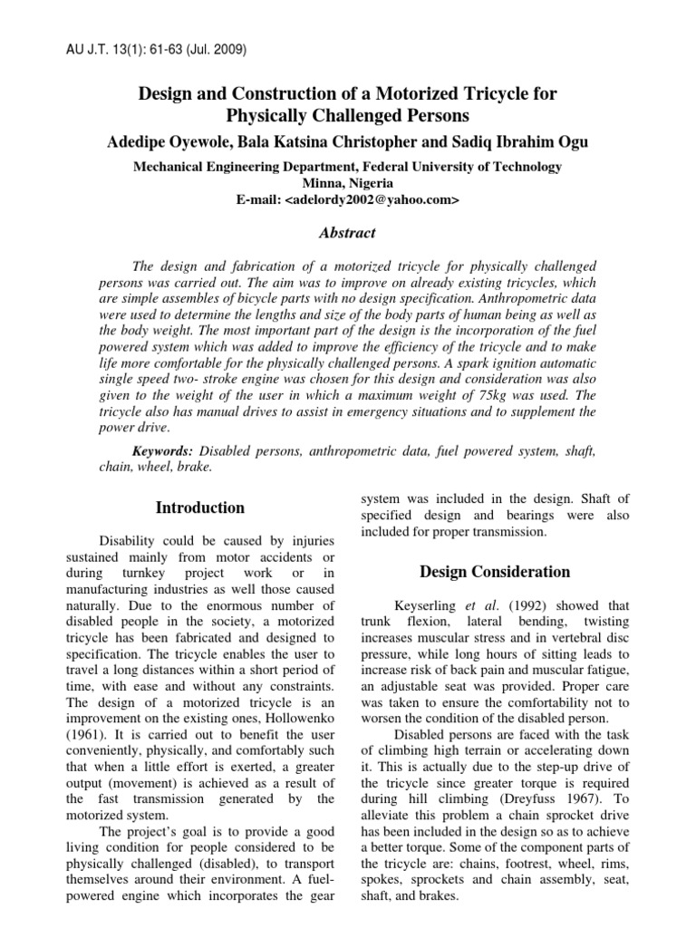 Motorized Tricycle Design for Disabled | PDF | Torque | Classical Mechanics