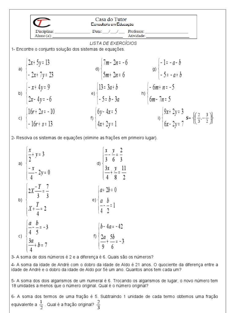 sistema de equaçoes 1 grau.doc | Fração (Matemática) | Matemática Elementar