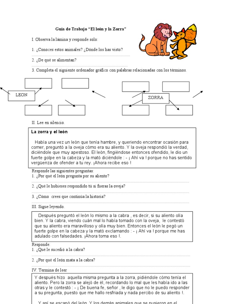 Guia Comprensión Lectora Leon y Zorra | PDF | León | Cabra