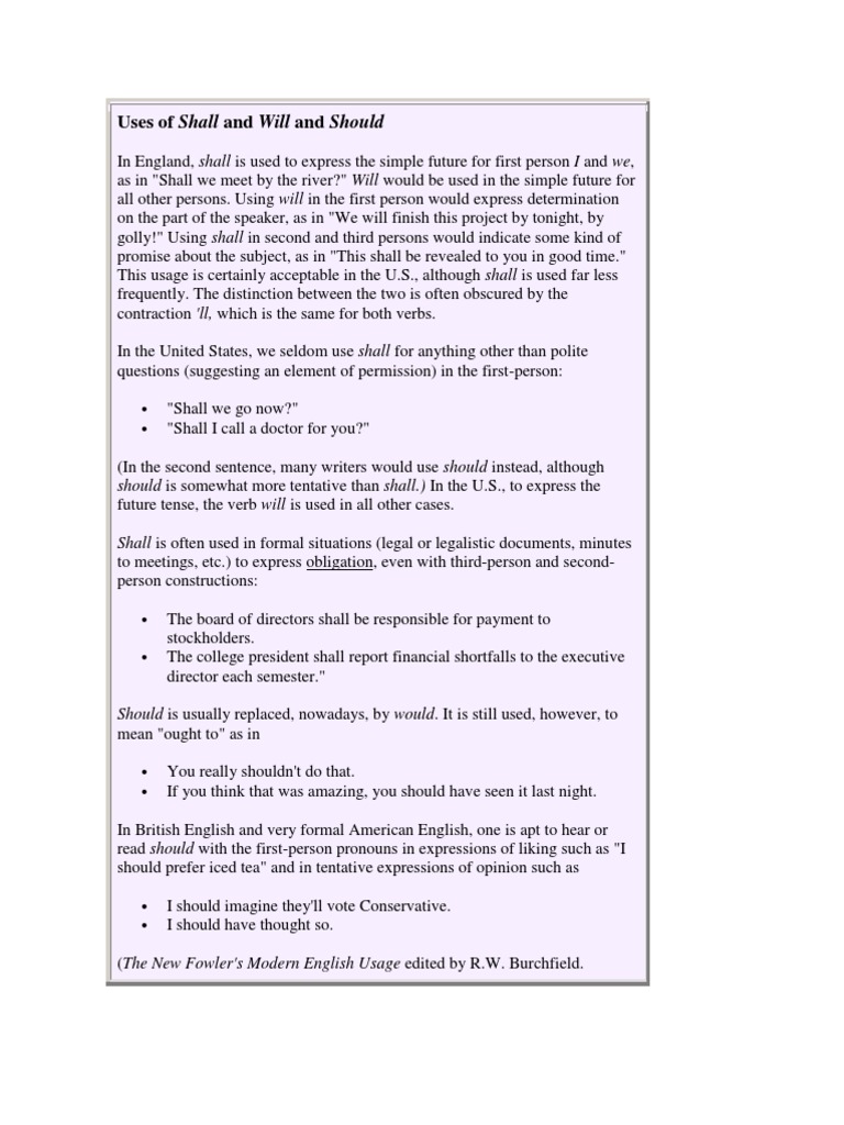 Uses of Shall and Will and Should | PDF | Perfect (Grammar) | Verb