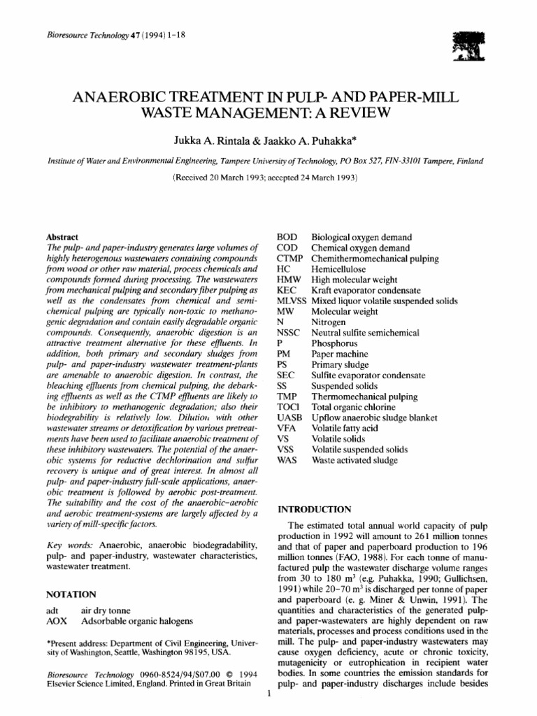 Anaerobic Treatment in Pulp - and Paper-Mill | PDF | Anaerobic Digestion | Pulp (Paper)