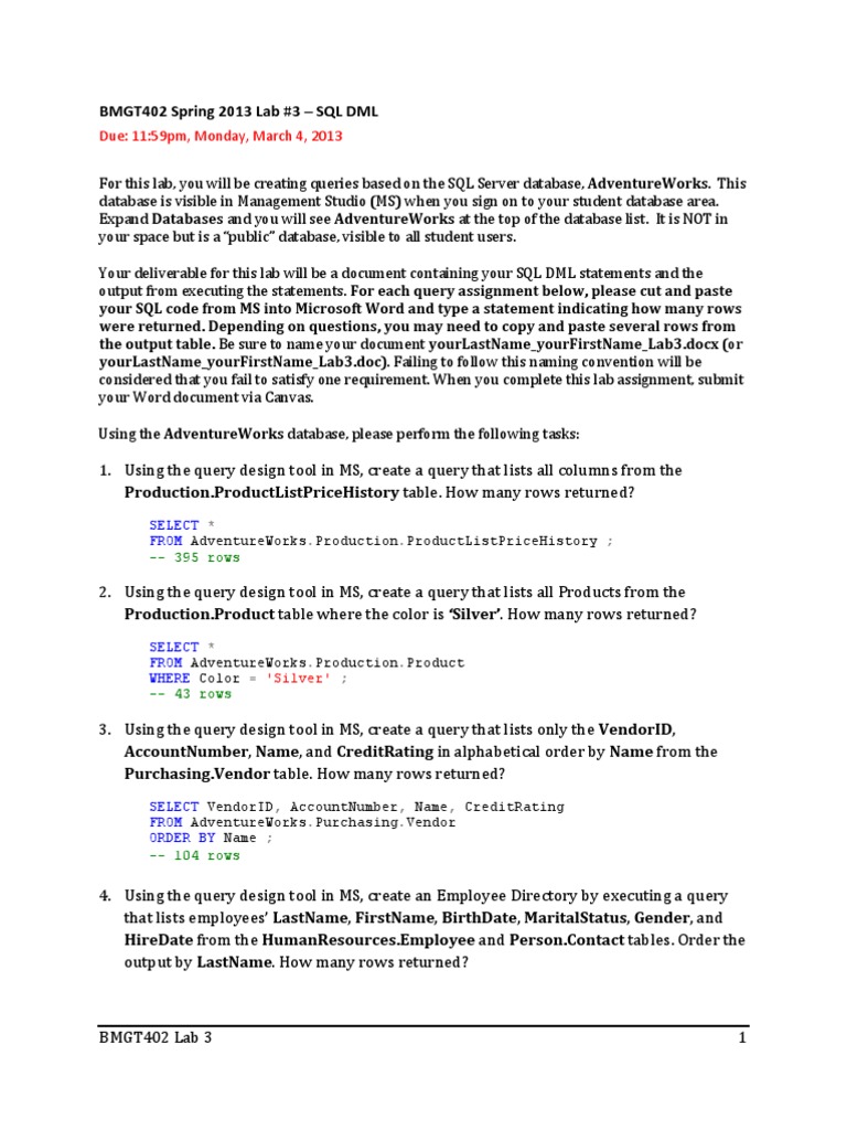 Lab 3 - SQL DML - Solution | PDF | Sql | Databases