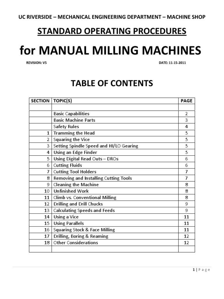 UCR ME SOP Manual Milling Machines v5 | PDF | Drill | Machining