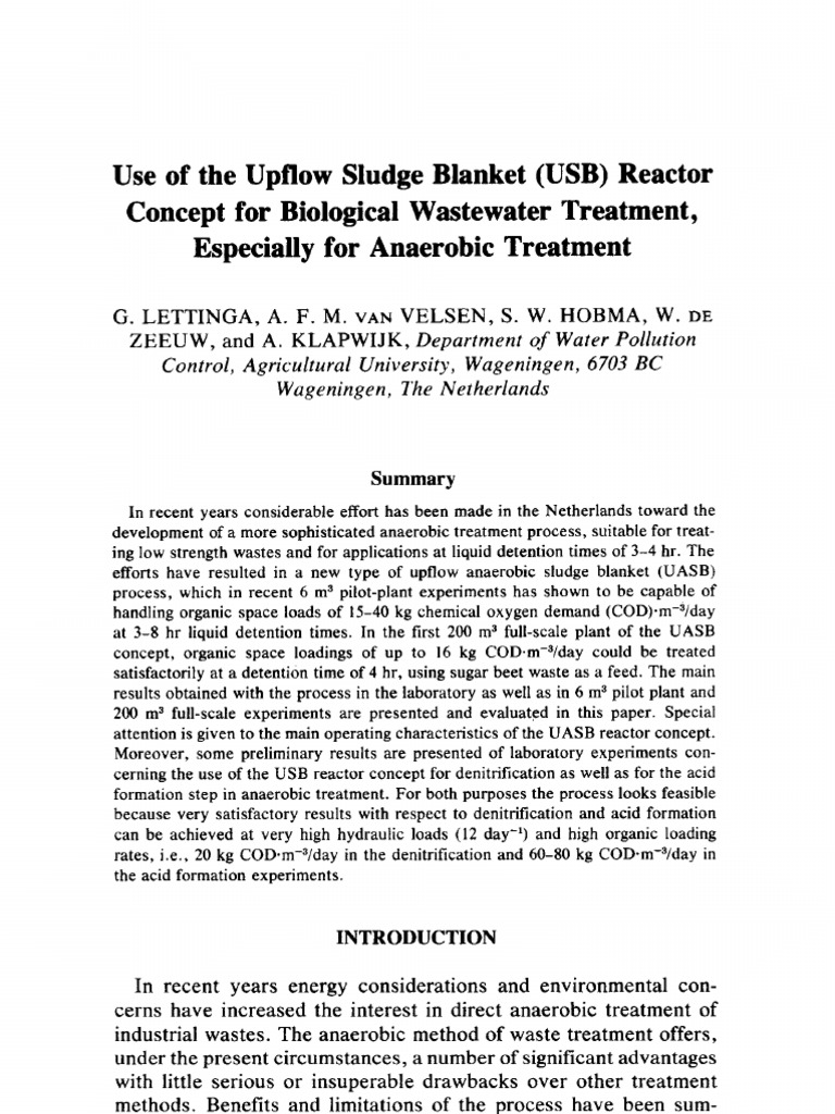 Upflow Sludge Blanket Reactor for Anaerobic Waste Treatment | PDF ...