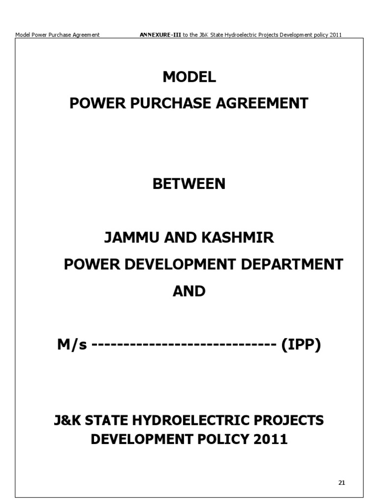 Agreement for the Purchase of Hydroelectric Power Between Jammu and ...