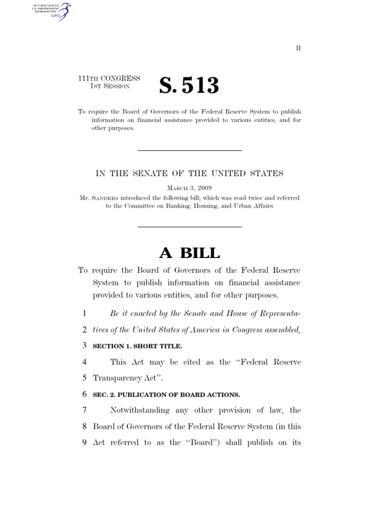 S. 513 | PDF | Federal Reserve | Bill (Law)