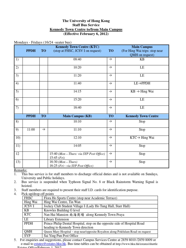 HKU Staff Bus Schedule to KTC | PDF