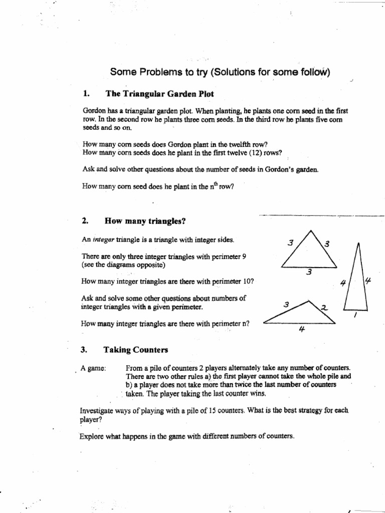 The Triangular Garden Plot: Some Problems To Try (Solutions For Some ...