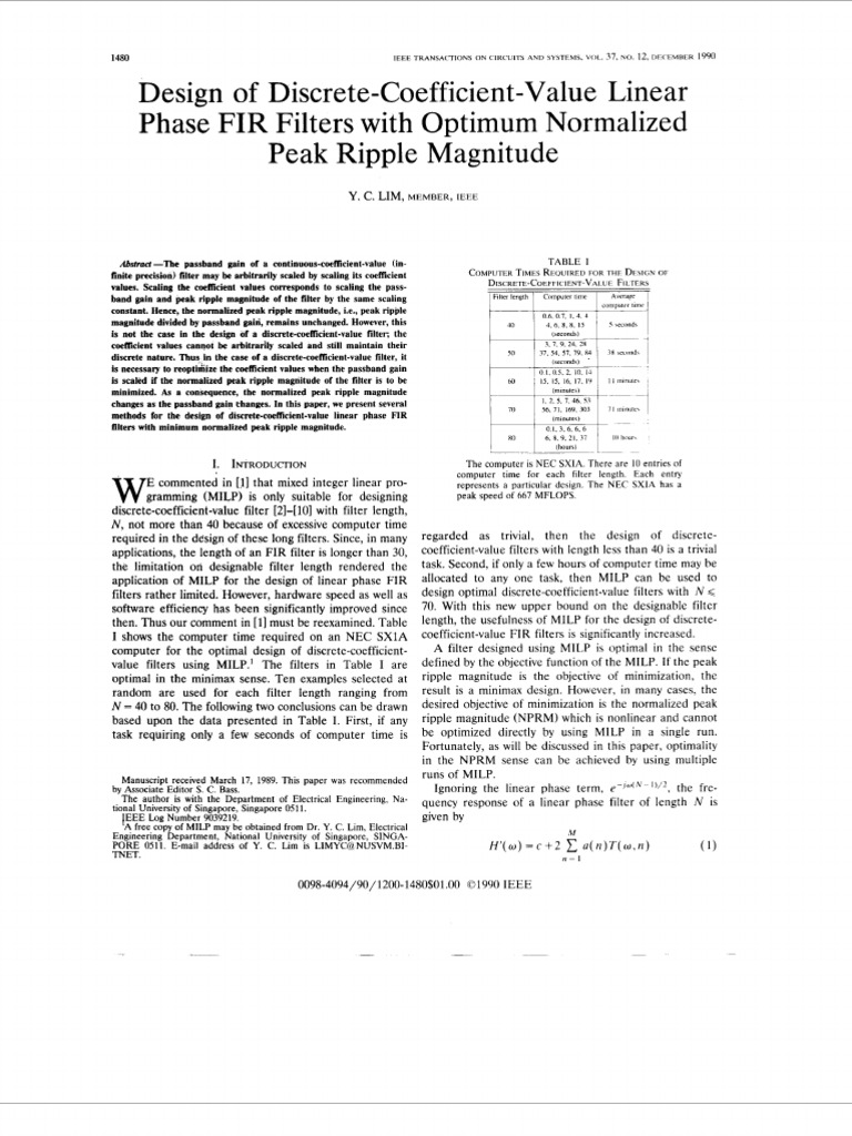 Design Linear Phase FIR Filters With Optimum Normalized Peak Ripple Magnitude | PDF ...