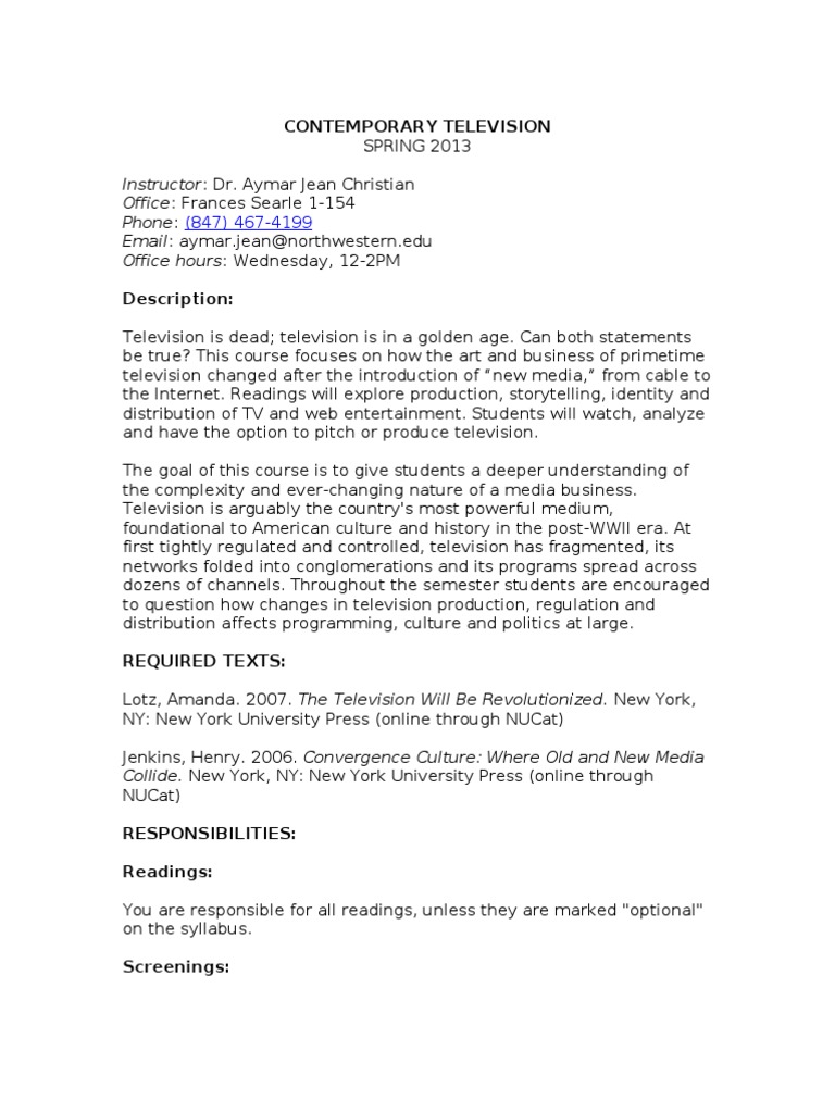 Contemporary Television Syllabus | PDF | Television Programs | Television