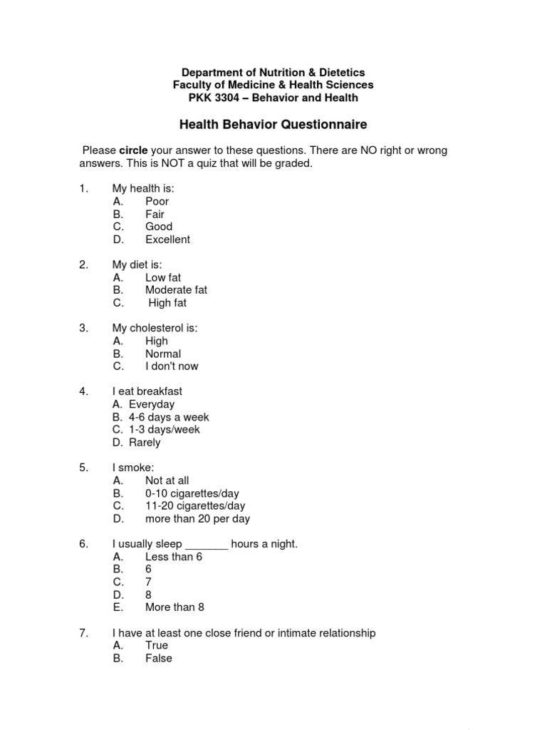 Health Behavior Questionnaire Survey | PDF | Drink | Determinants Of Health