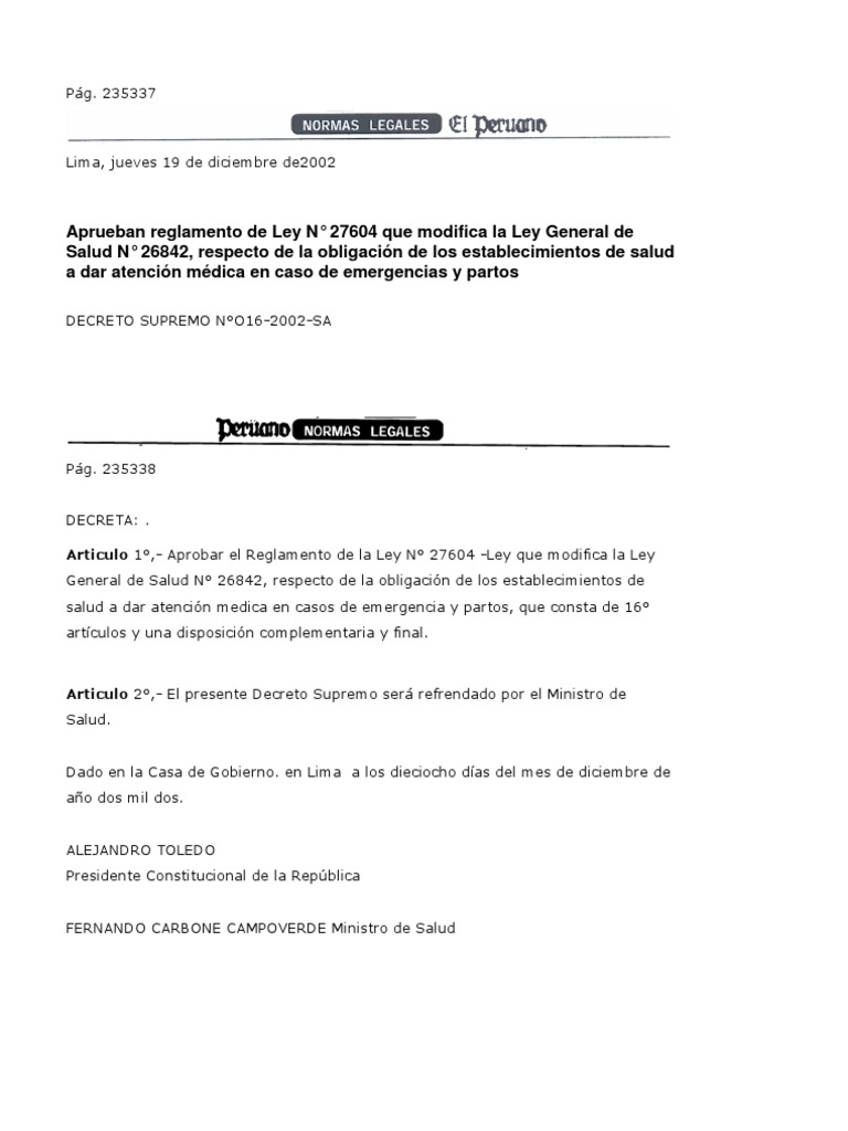 Aprueban Reglamento de Ley #27604 Que Modifica La Ley General de Salud #26842, Respecto de La ...