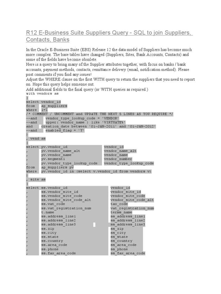 R12 E-Business Suite Suppliers Query - SQL To Join Suppliers, Contacts ...