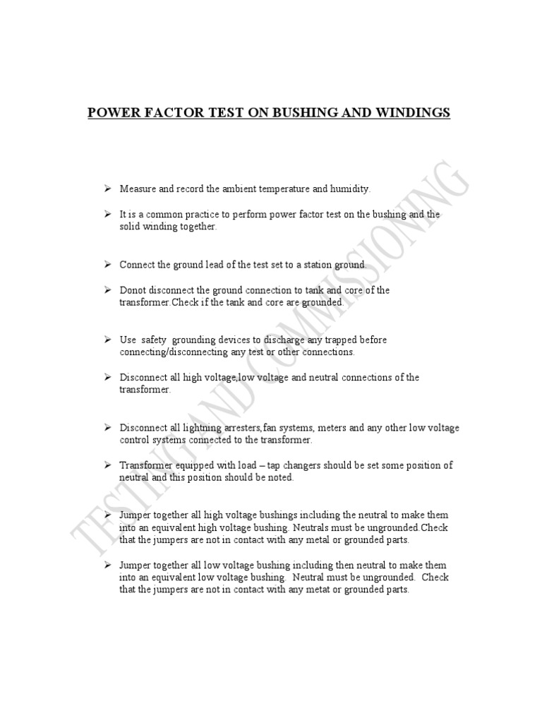 Power Factor Testing Procedure | PDF | Transformer | Insulator ...