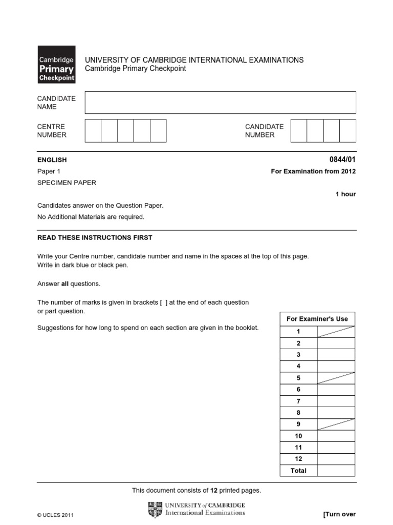 Cambridge Primary Checkpoint English P1 Specimen 2012 | PDF