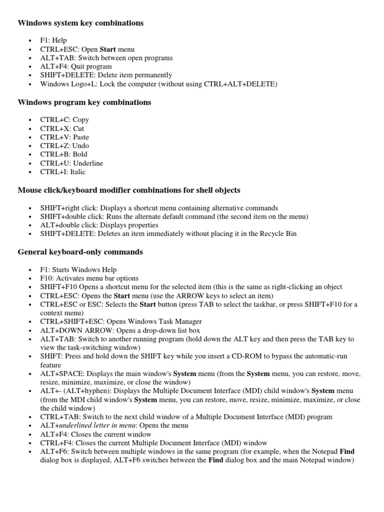Windows System Key Combinations | Download Free PDF | Keyboard Shortcut | Computer Keyboard