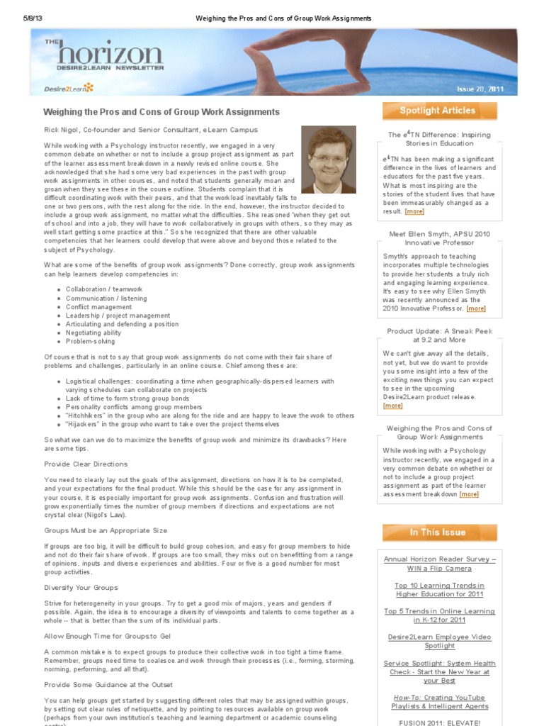 Pros and Cons of Group Work Assignments | PDF | Educational Technology ...