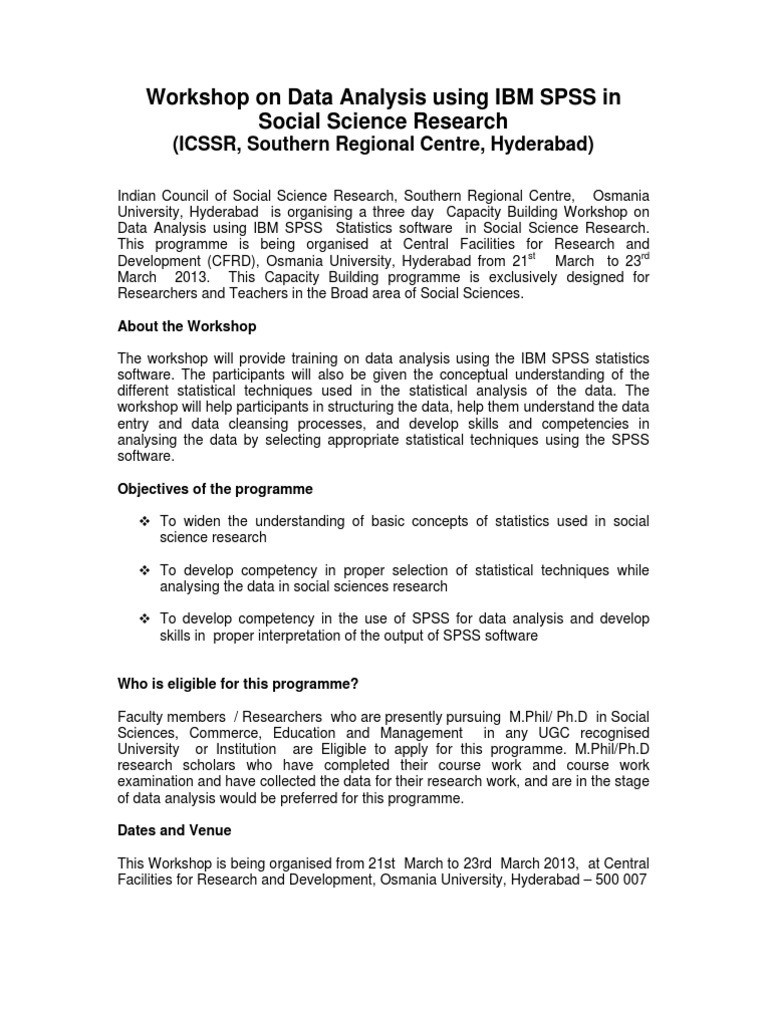 Workshop On Data Analysis Using IBM SPSS in Social Science Research ...