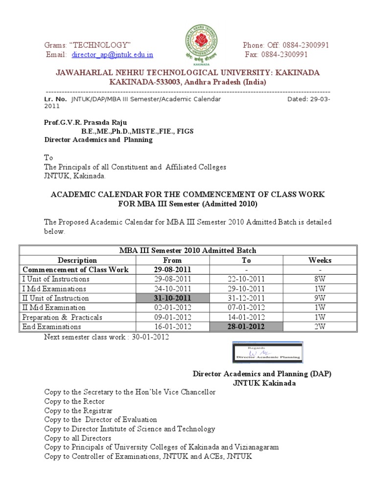 JNTUK Academic Calendar MBA | PDF | Academic Term | Academic Institutions