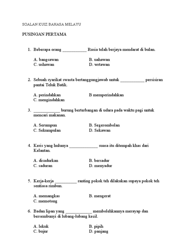 Soalan Kuiz Bahasa Melayu | PDF