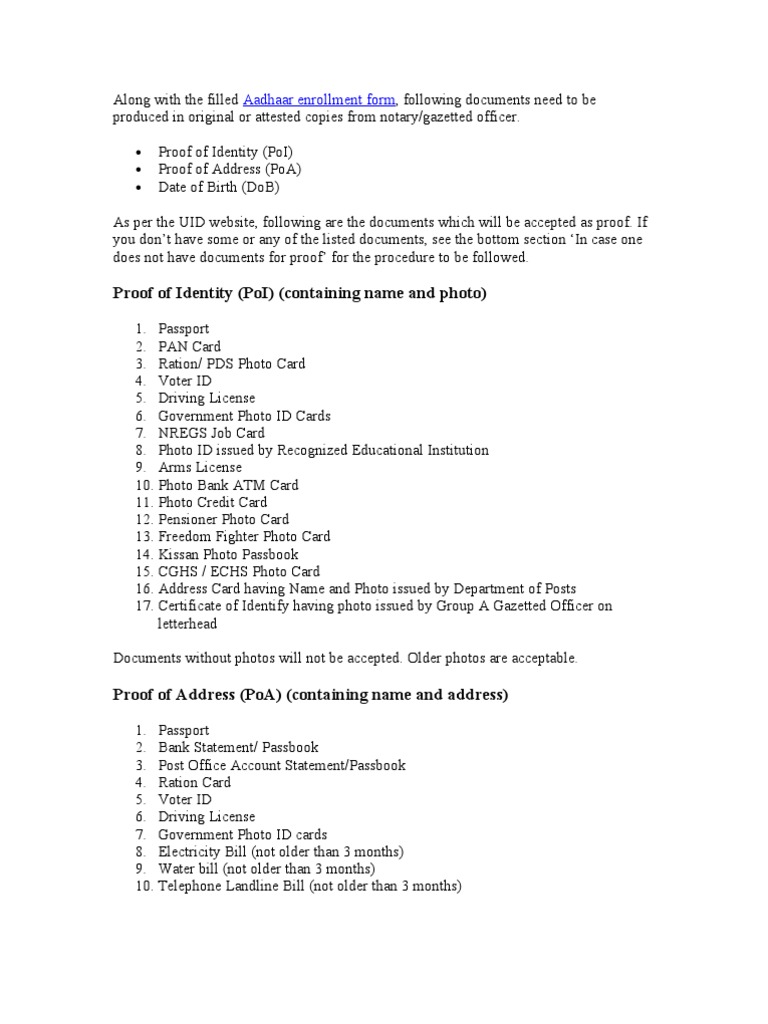 Aadhaar Card Document Requirements | PDF | Identity Document | Official ...