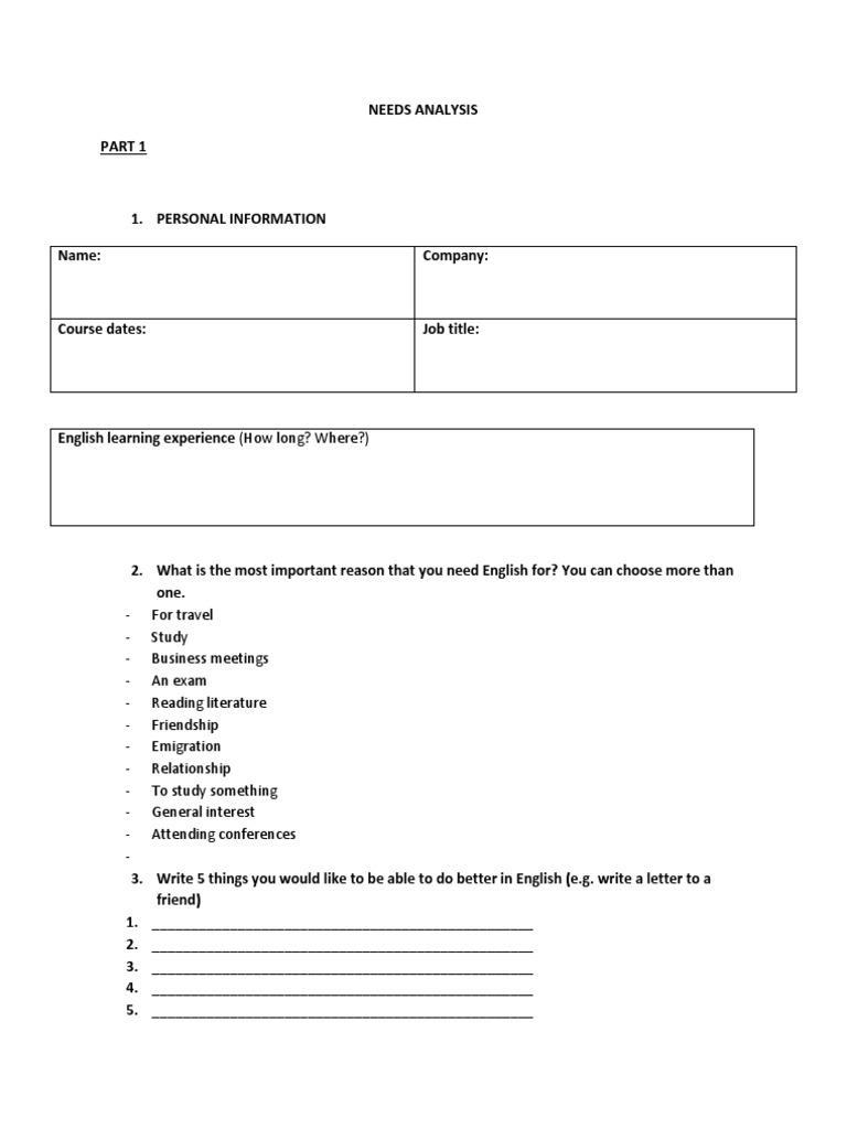 Needs Analysis Questionnaire For ESP | PDF | Conversation | English Language