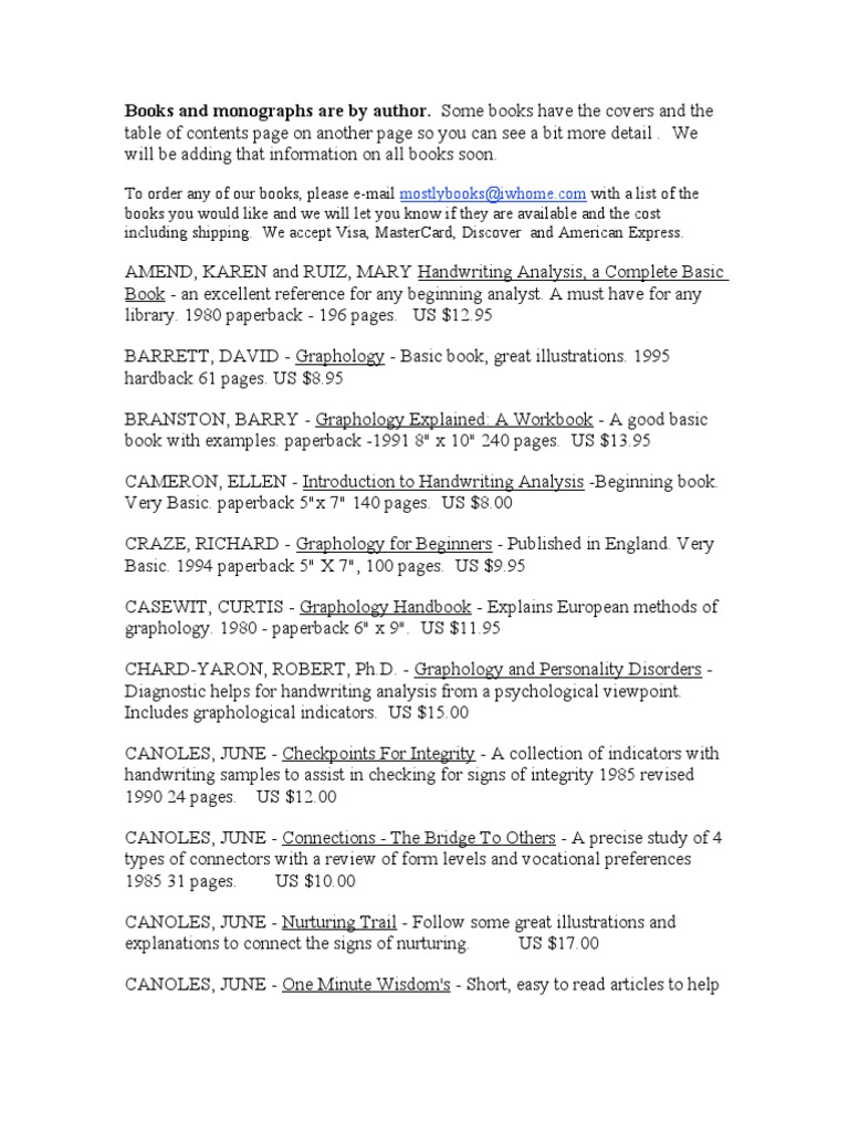 List of Books and Monographs On Graphology . | PDF | Graphology ...