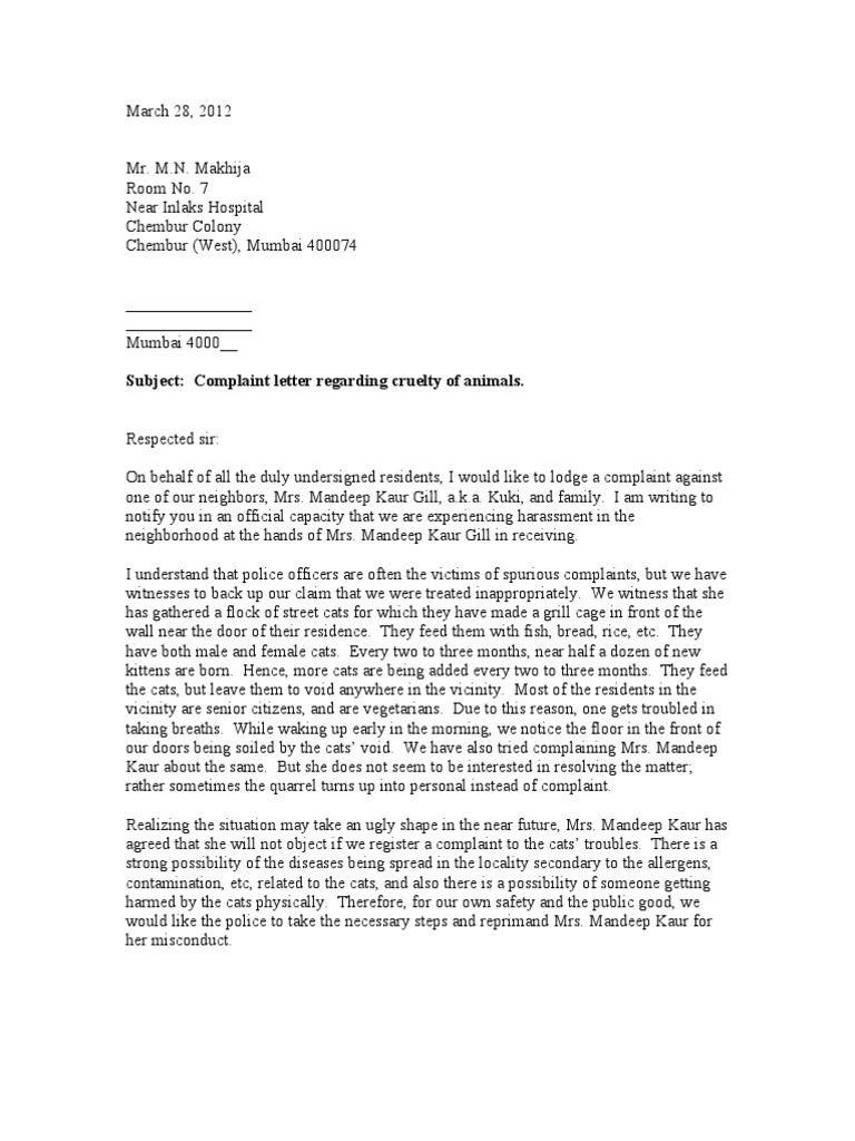 Complaint Letter | Cats | Police