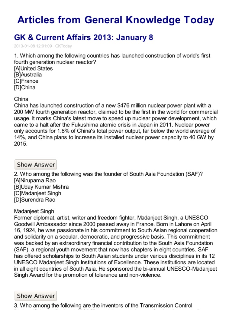 General Knowledge Today | PDF | Nuclear Power | Energy And Resource