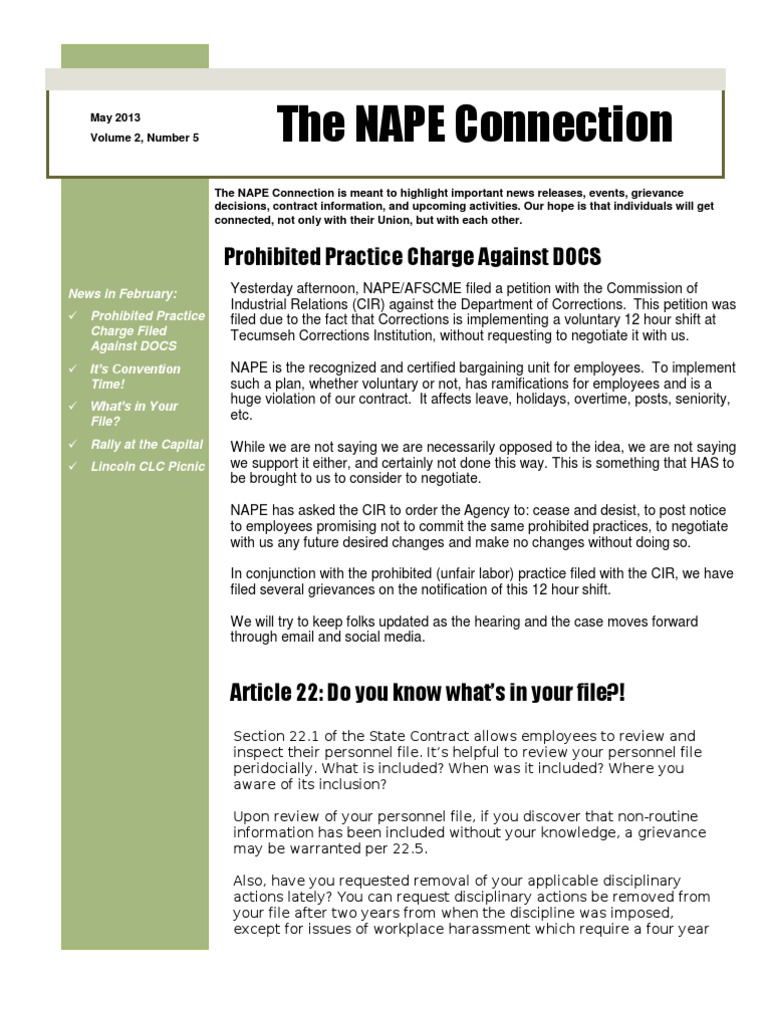 NAPE Connection, May 2013 | PDF | Email | Employment
