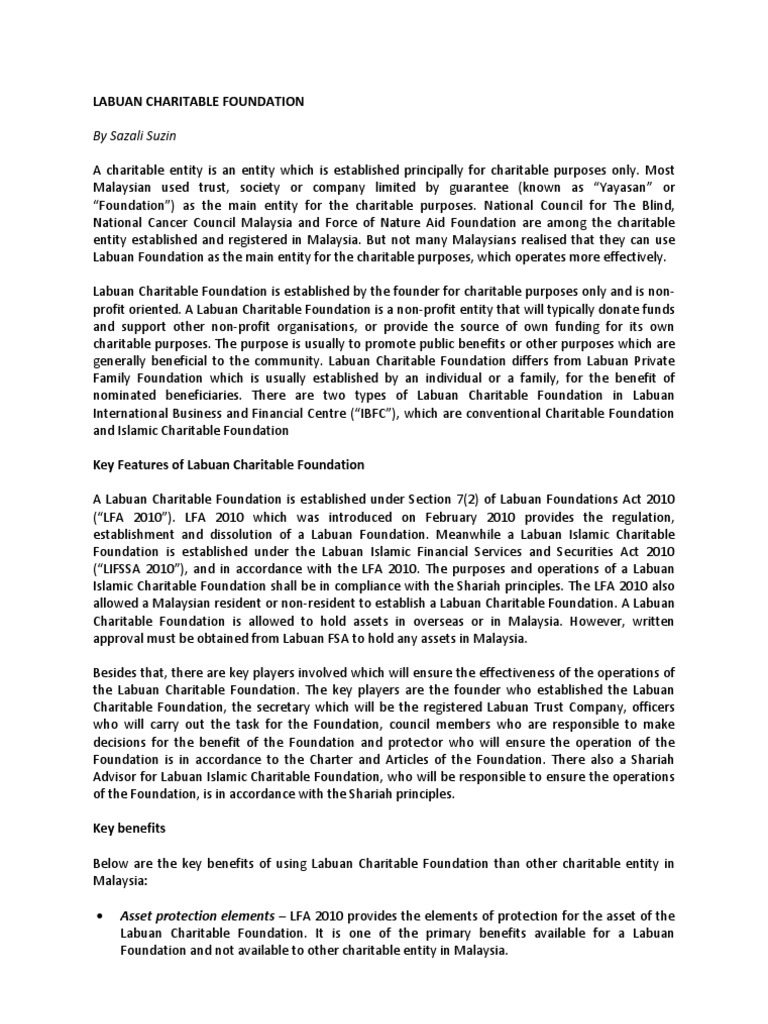 Labuan Charitable Foundation Overview | PDF | Foundation (Nonprofit ...