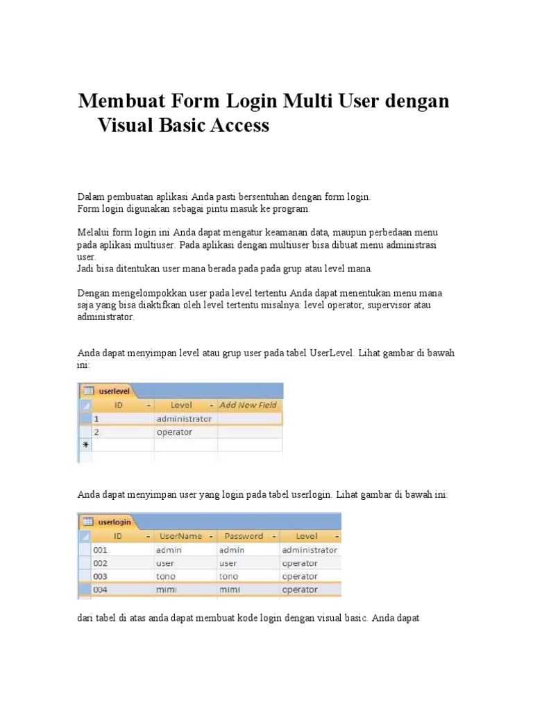 Membuat Form Login Multi User Dengan Visual Basic Access | PDF