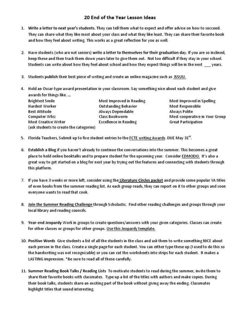 End of Year Lesson Ideas for Teachers | PDF | Lesson Plan | Communication