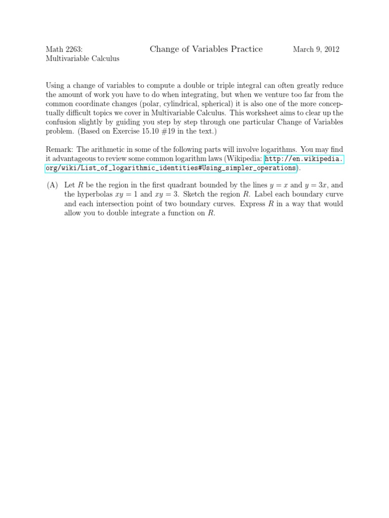 Change of Variable Practice-Multivariable Calculus | PDF | Integral | Space
