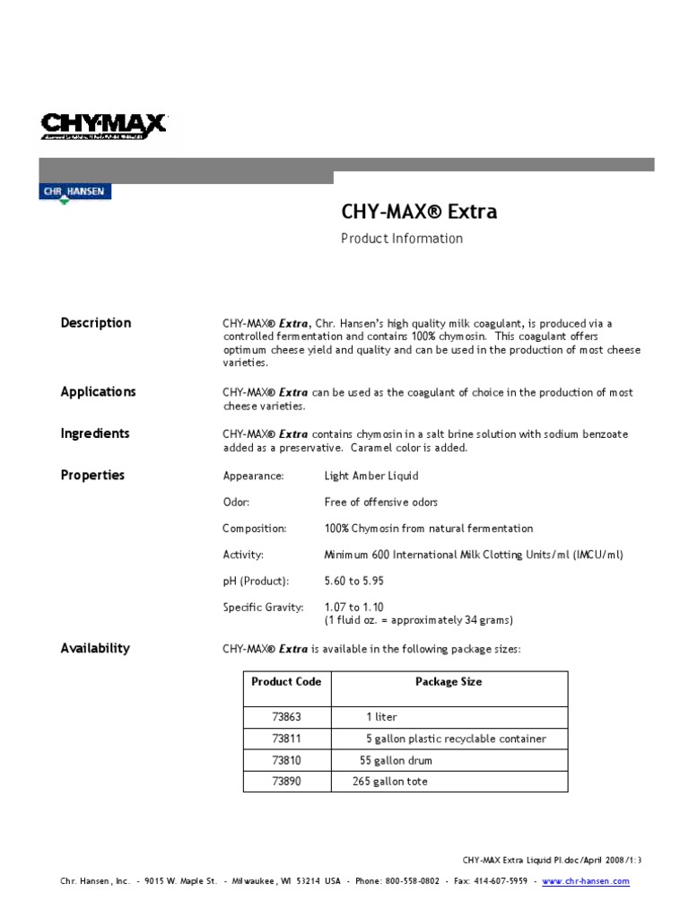 Chymosin Rennet Specs | PDF | Cheese | Milk
