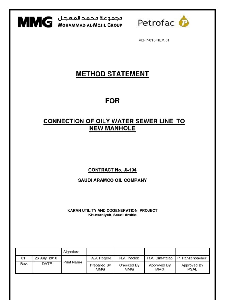 Method Statement For Connection Of Oily Water Sewer Line To New Manhole