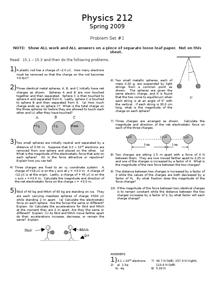 212 - Problem Set 1 | PDF | Electric Charge | Electrostatics