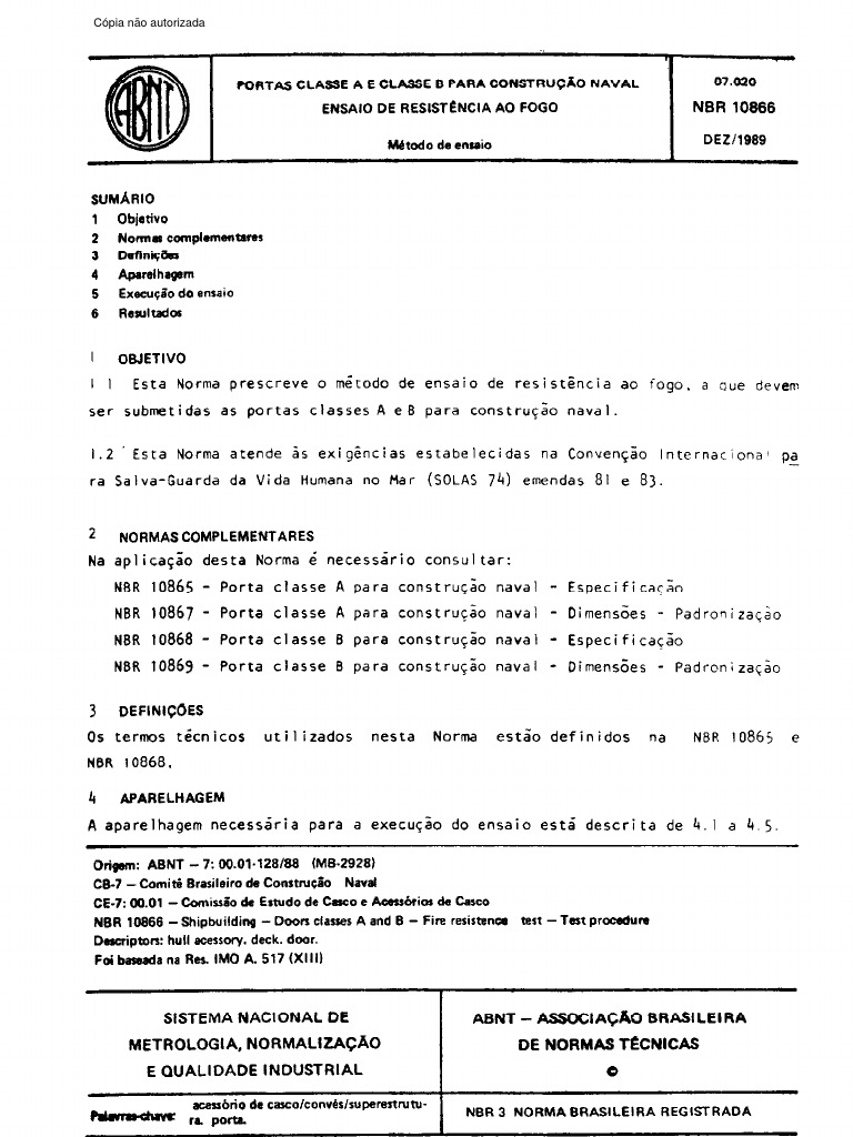 NBR 10866 - 1989 - Portas Classe A e B Construcao Naval Ensaio ...