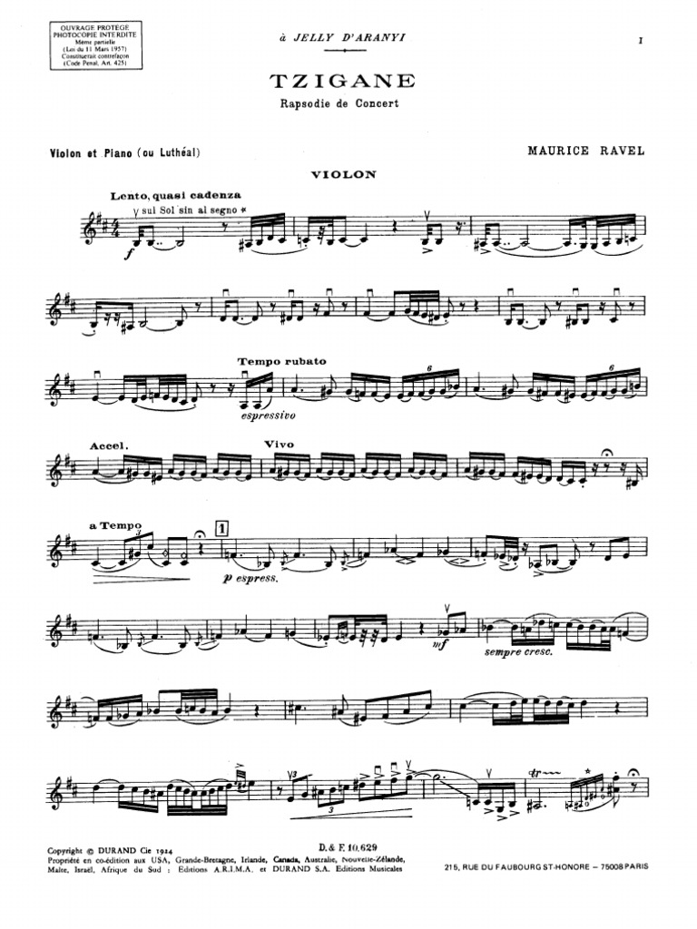 Maurice Ravel, Tzigane, Violin and Piano Arrangement | PDF | Musical ...