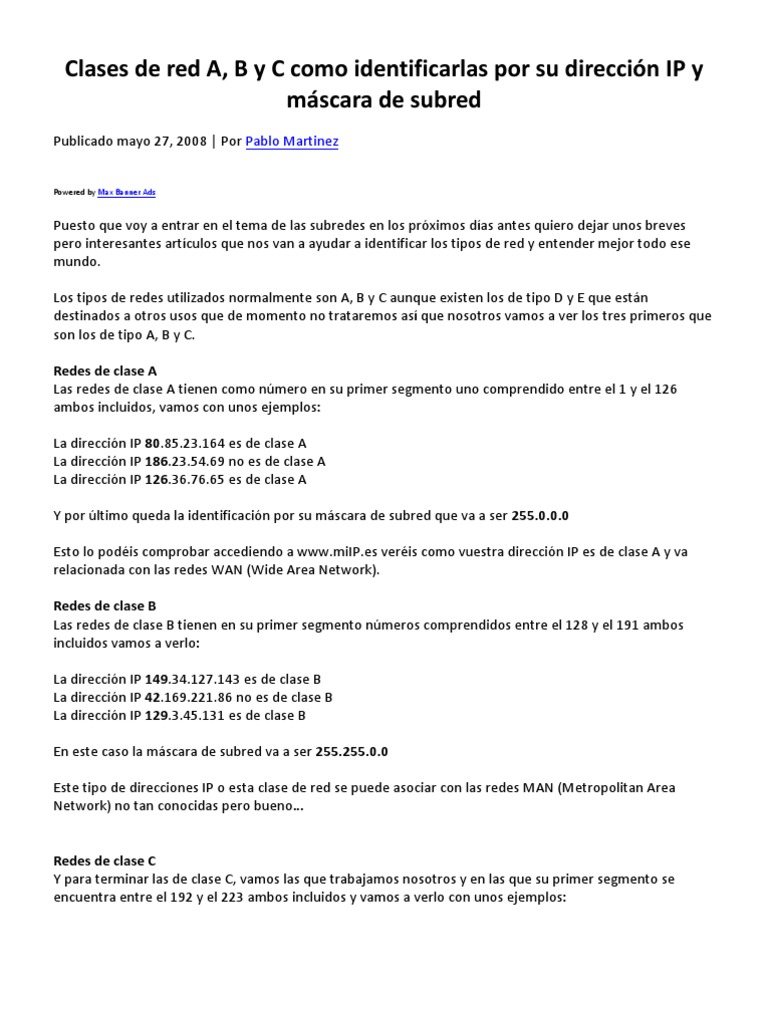Como Identificar Los Tipos de Redes Clase a-B-C | PDF