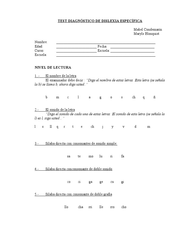 Test Diagnóstico de Dislexia Específica | PDF | Voz humana | Semiótica