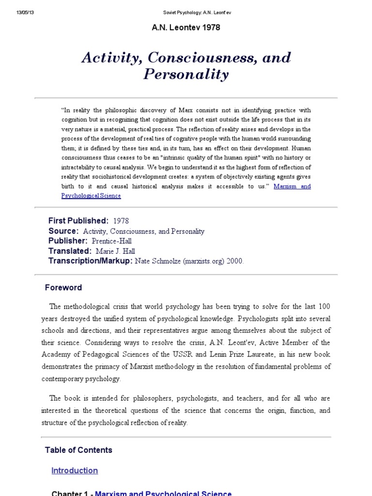 Alexei Leontiev - Actividy, Consciousness and Personality 00 | PDF ...