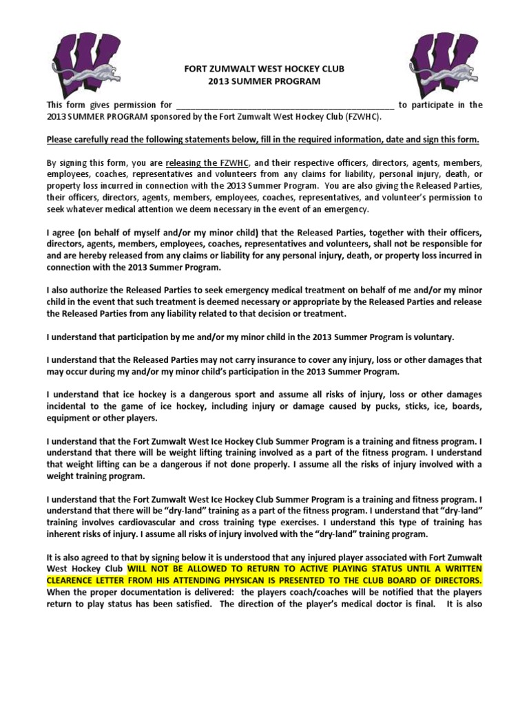 Summer Camp Waiver of Liability - 2013 From Word | PDF | Ice Hockey ...